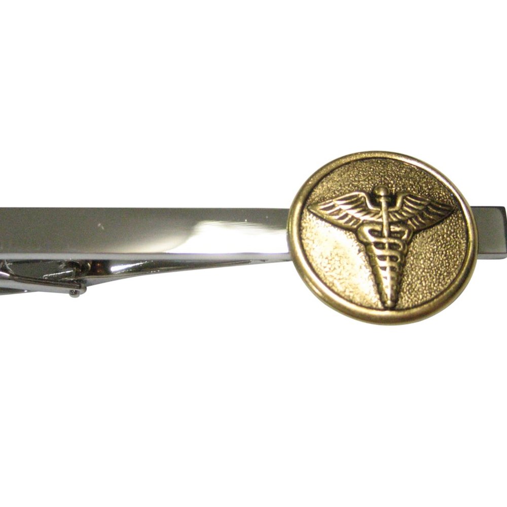 Gold Toned Round Medical Caduceus Symbol Tie Clip - Gem